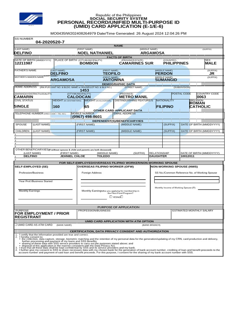 Personal Record/Unified Multi-Purpose Id (Umid) Card Application (E-1/E ...