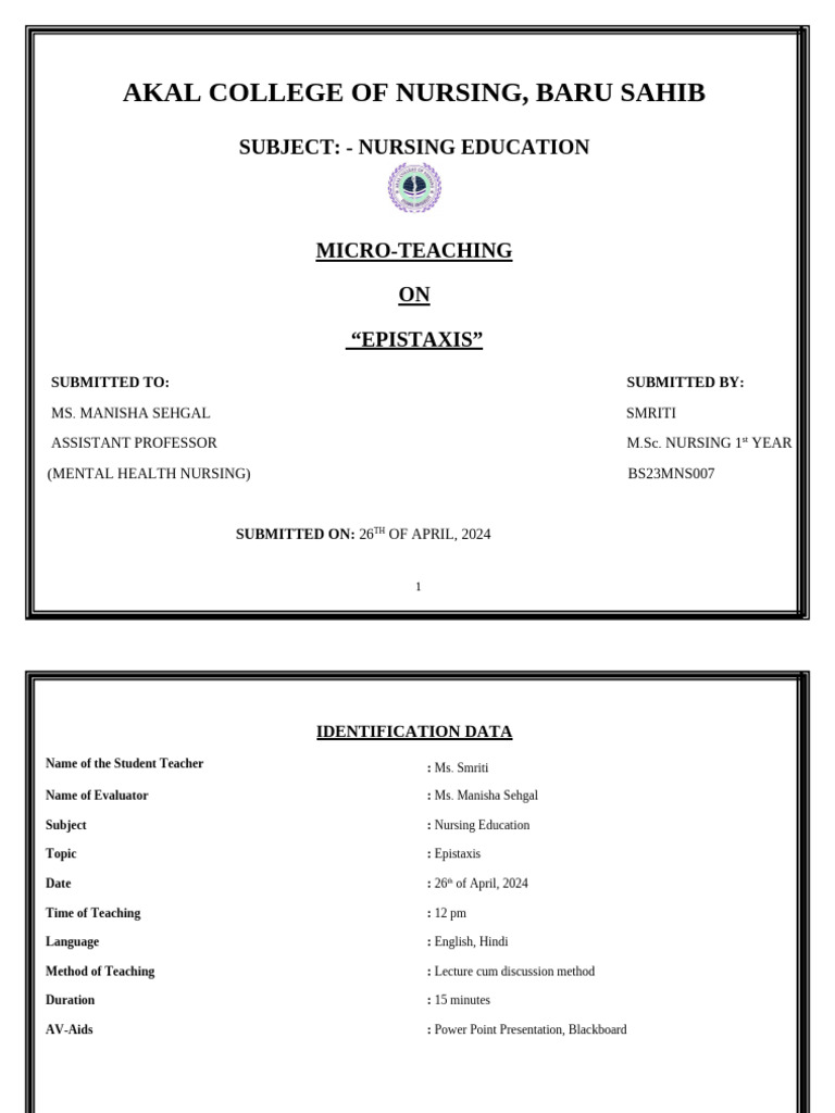 Lesson Plan On Epistaxis | PDF | Human Nose | Clinical Medicine