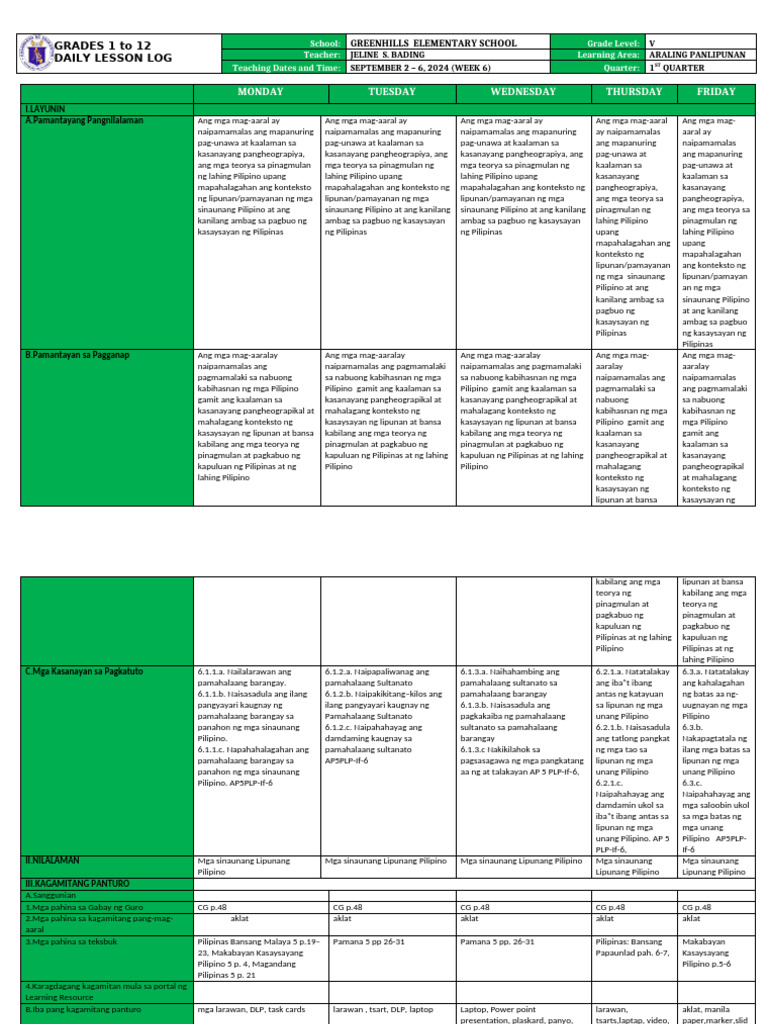 DLL Araling Panlipunan 5 q1 w6 | PDF