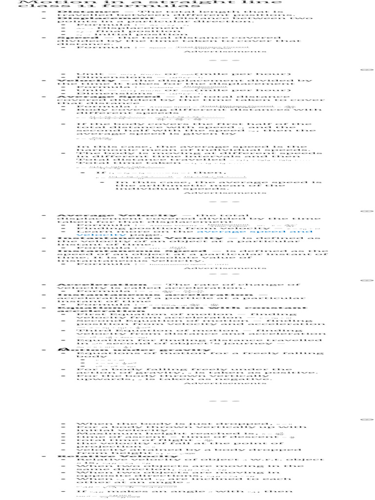 Class 11 Motion in a Straight Line Formulas | PDF | Speed | Velocity