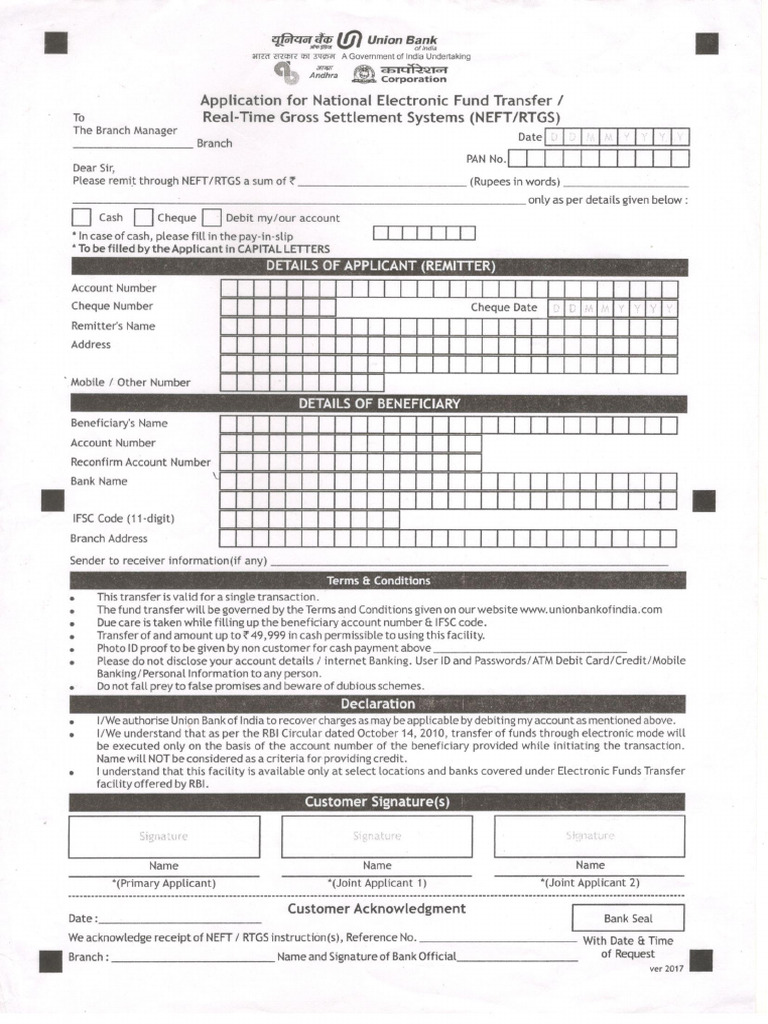 Neft-Rtgs Form Union Bank | PDF
