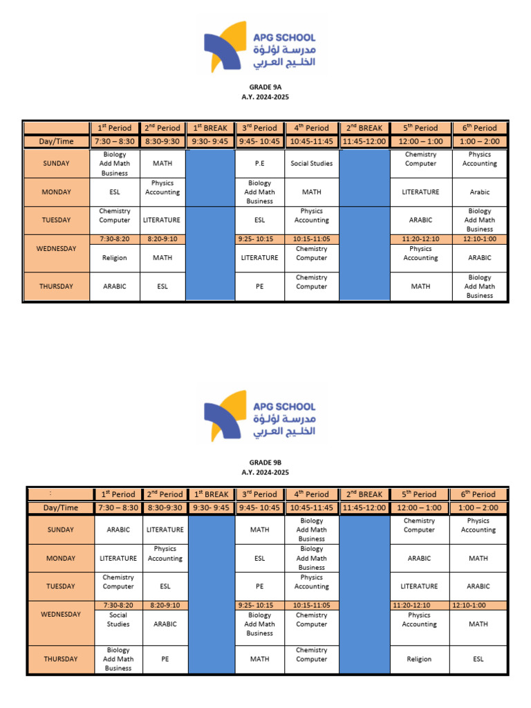 TIMETABLE Grade - 9 - 2024 2025 | PDF