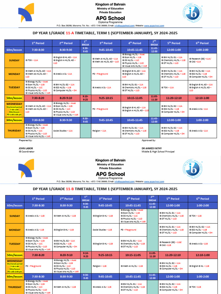 Ib Class Timetables of Gr. 11 Term 1 2024-2025 | PDF
