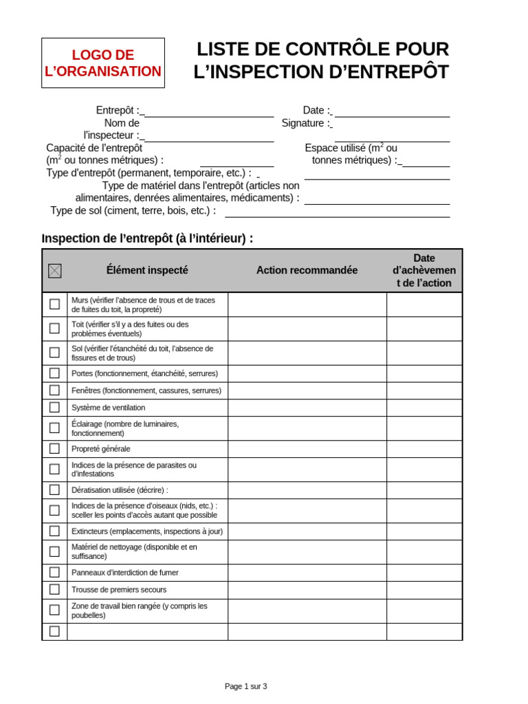 MODÈLE - Liste de Contrôle D'inspection D'entrepôt | PDF