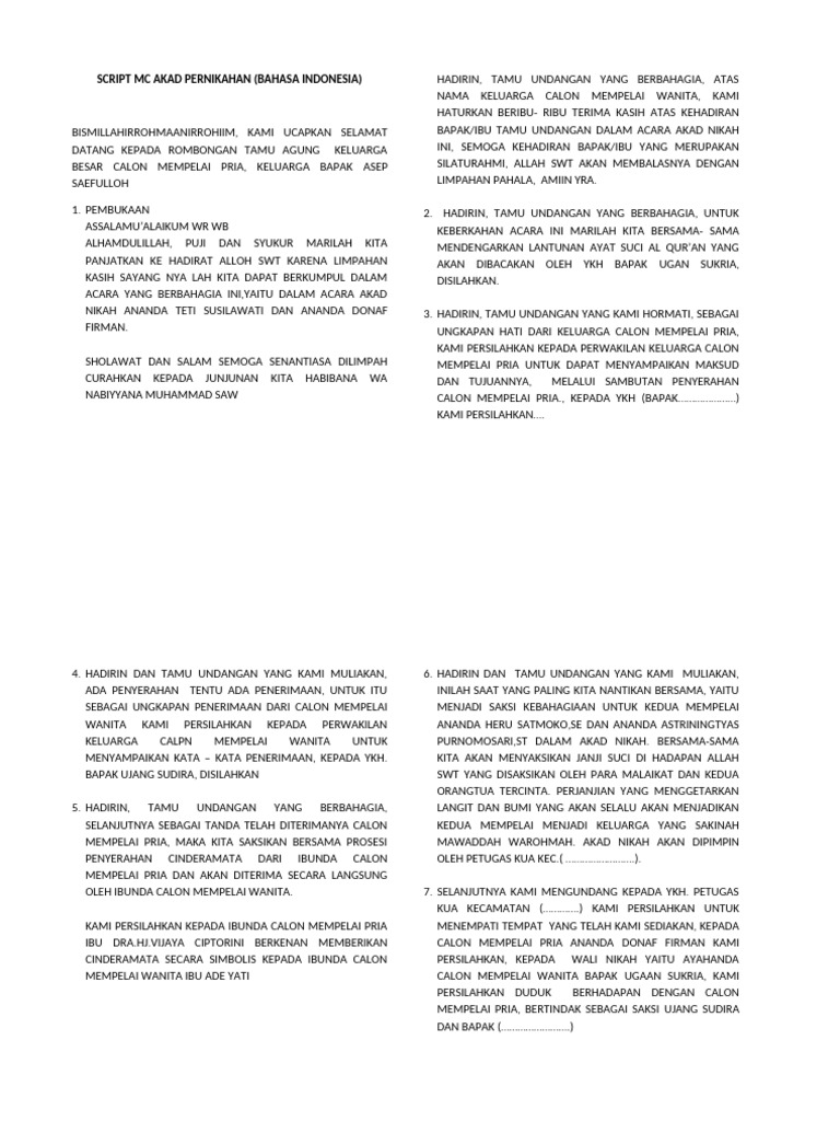Script MC Akad Nikah Bahasa Indonesia Dona F | PDF