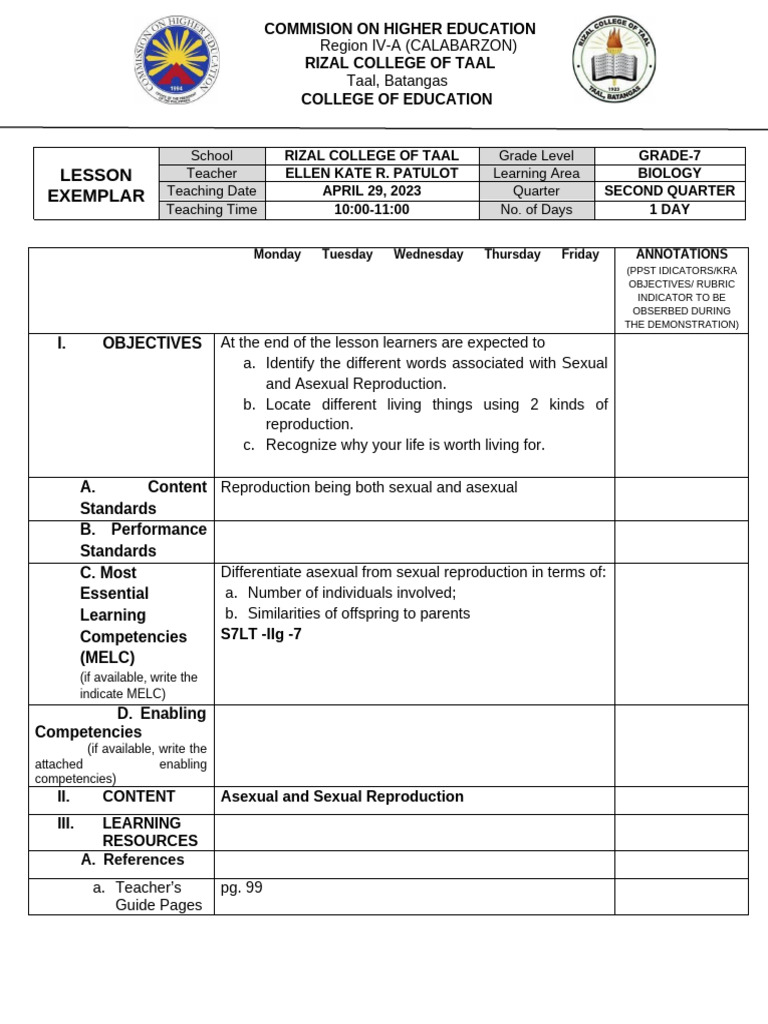 Grade 7 Biology: Reproduction Lesson Plan | PDF | Reproduction | Learning