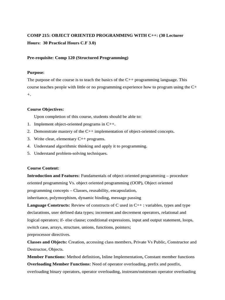 COMP 215 - Course Content - OOP With C++ | PDF