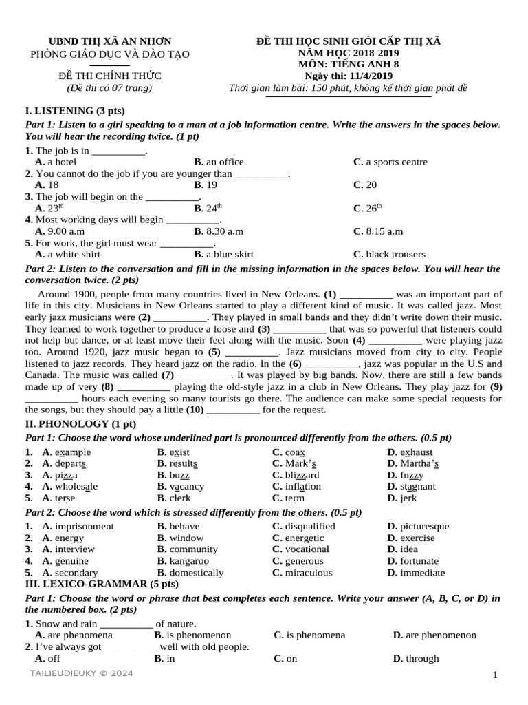 De Thi HSG Tieng Anh 8 Cap Thi Xa An Nhon Co Dan An Va File Nghe | PDF