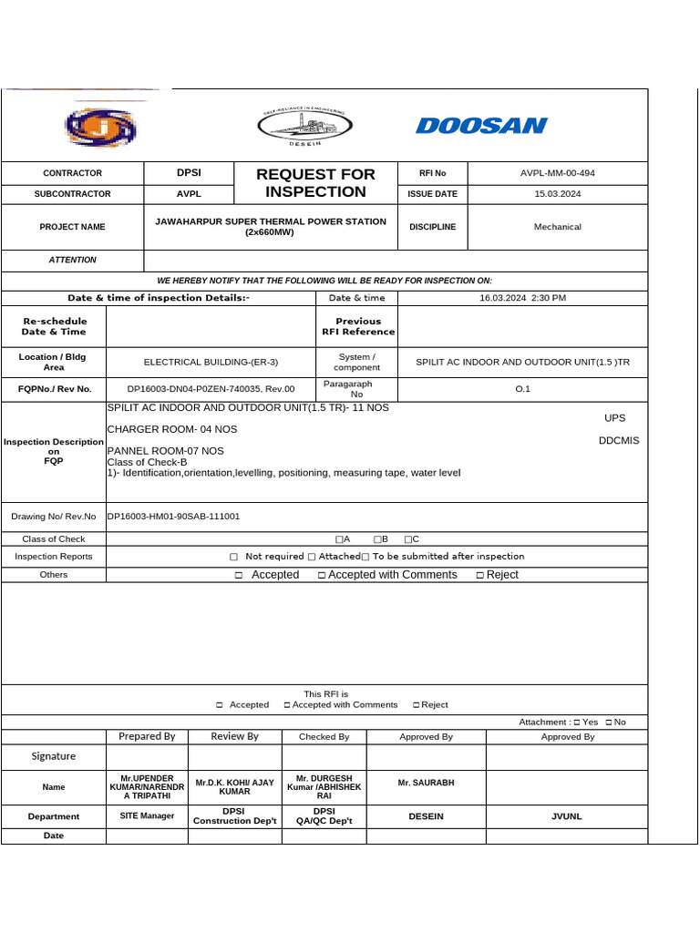 Request For Inspection: Contractor Rfi No Subcontractor Issue Date | PDF
