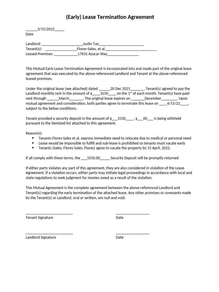 Mutual Early Lease Termination Agreement | PDF