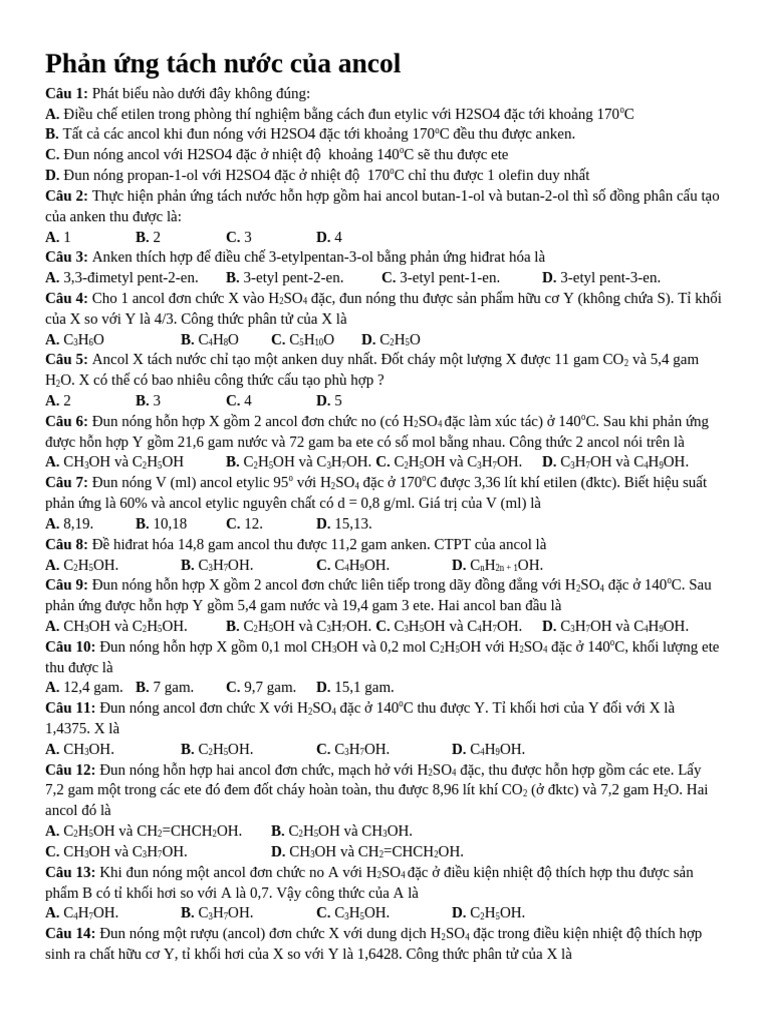 Phản Ứng Tách Nước Của Ancol | PDF
