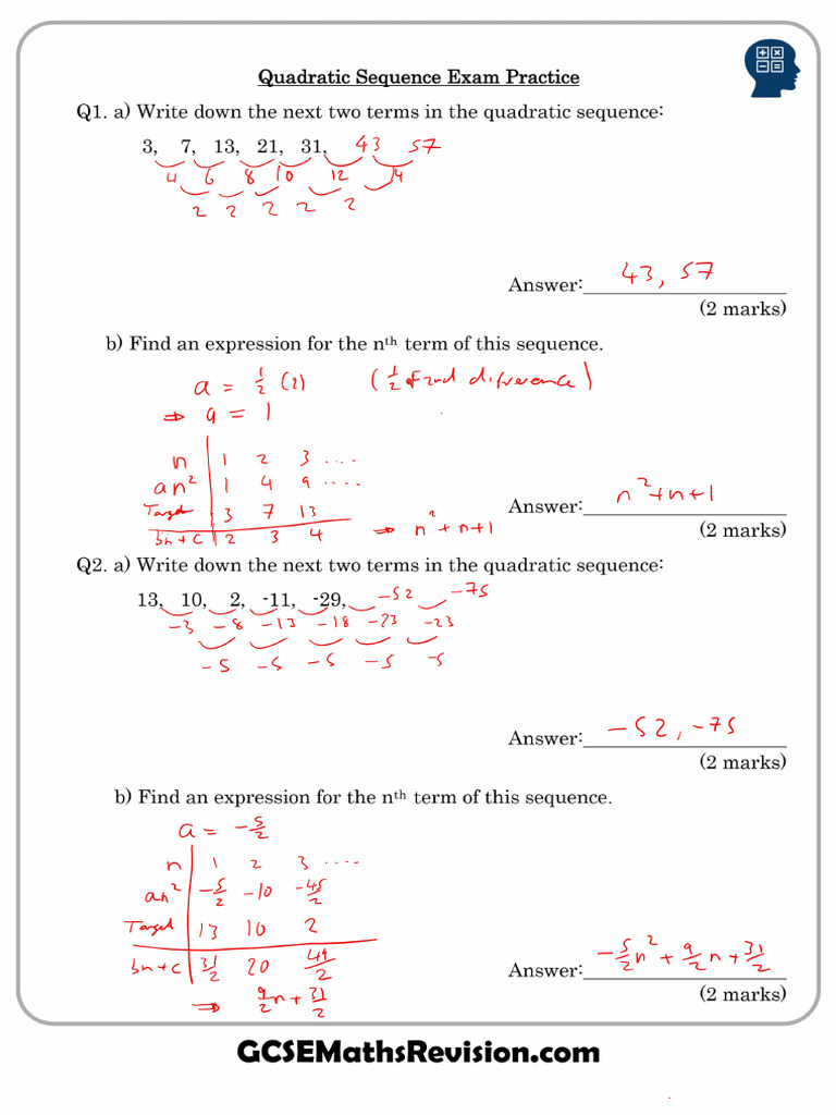 Quadratic Sequences Ans | PDF