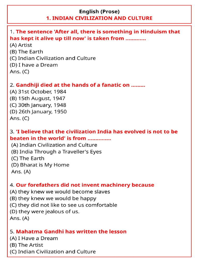 12th English 1. Indian Civilization and Culture Objective | PDF