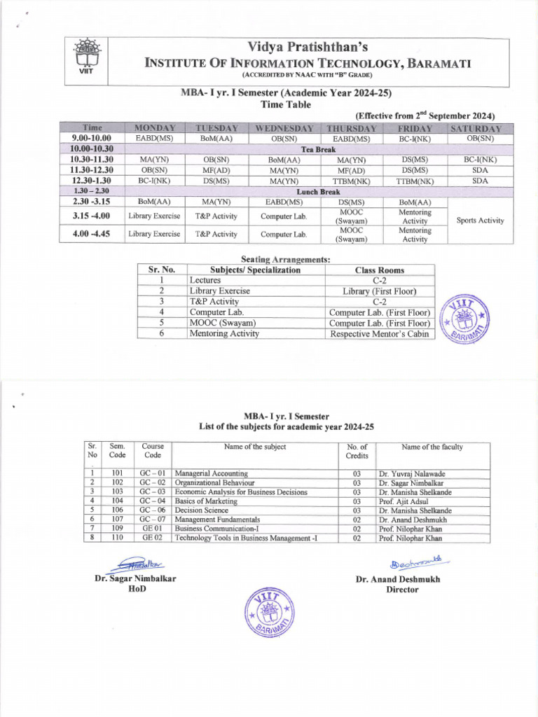 Time Table - MBA - I Yr AY 2024-25 | PDF