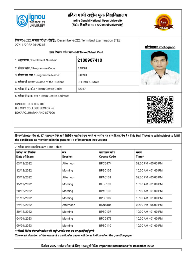 IGNOU December 2022 TEE Hall Ticket | PDF