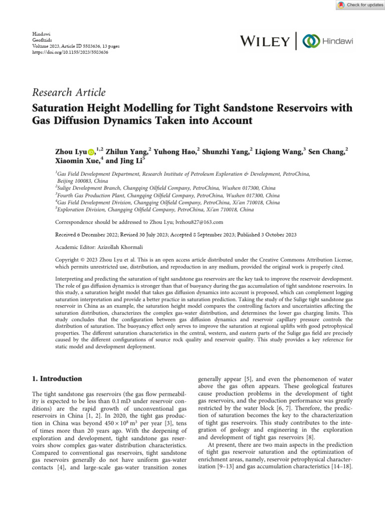 Geofluids - 2023 - Lyu - Saturation Height Modelling For Tight Sandstone Reservoirs With Gas ...