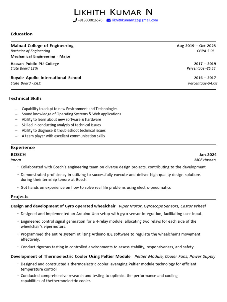 Likhith Kumar N Resume | PDF
