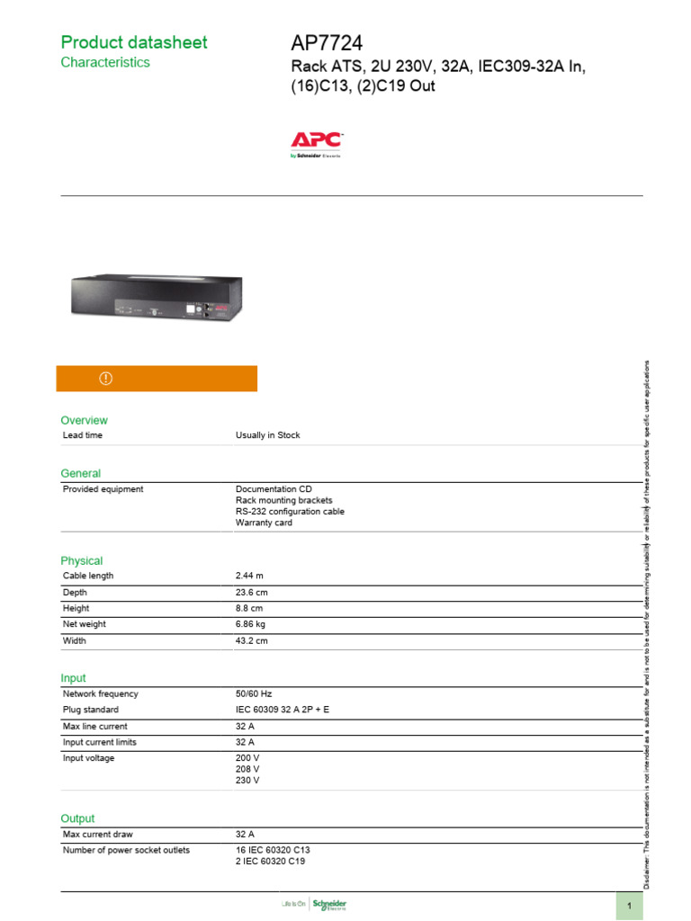 Rack-Mount Transfer Switches - AP7724 | PDF