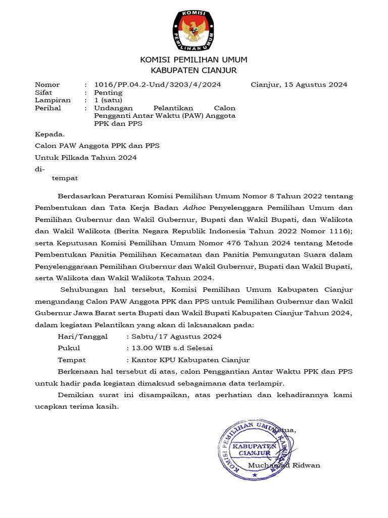 Surat Undangan Pelantikan Calon PAW Anggota PPK Dan PPS | PDF