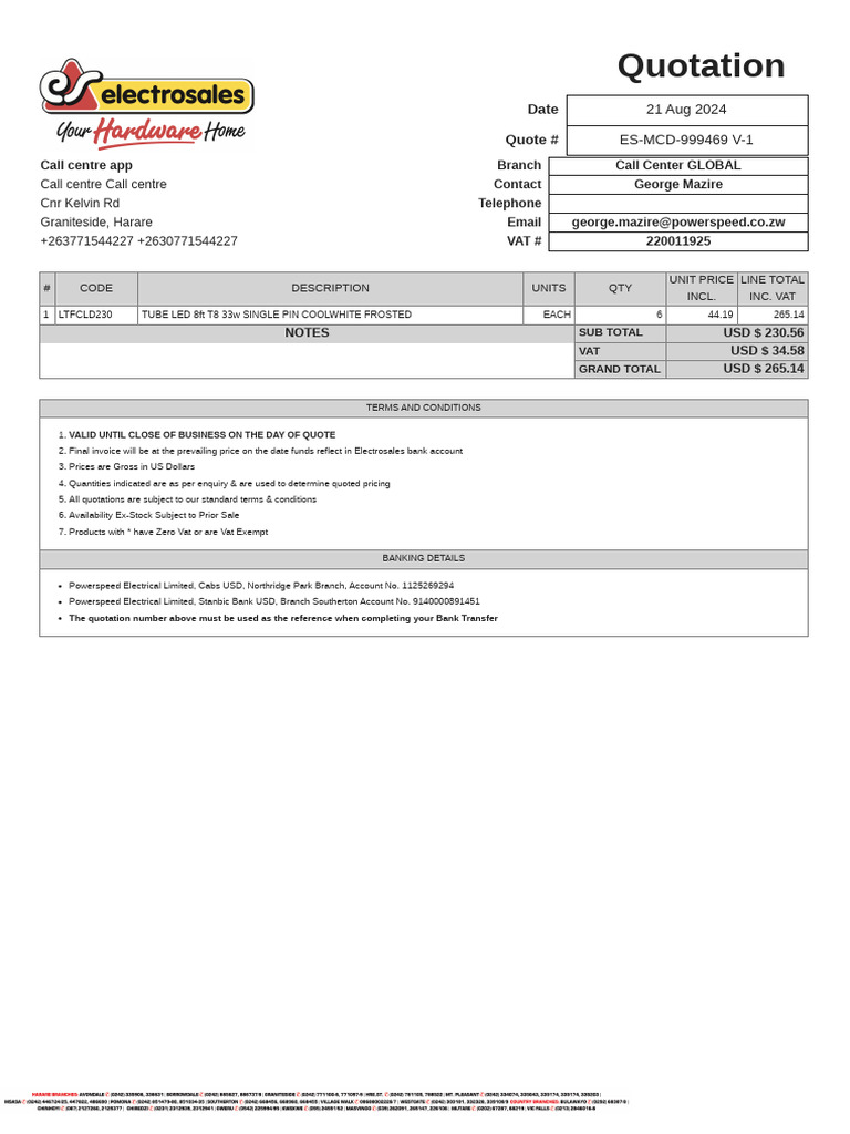 Electrosales Quote Led Tube and Fitting | PDF