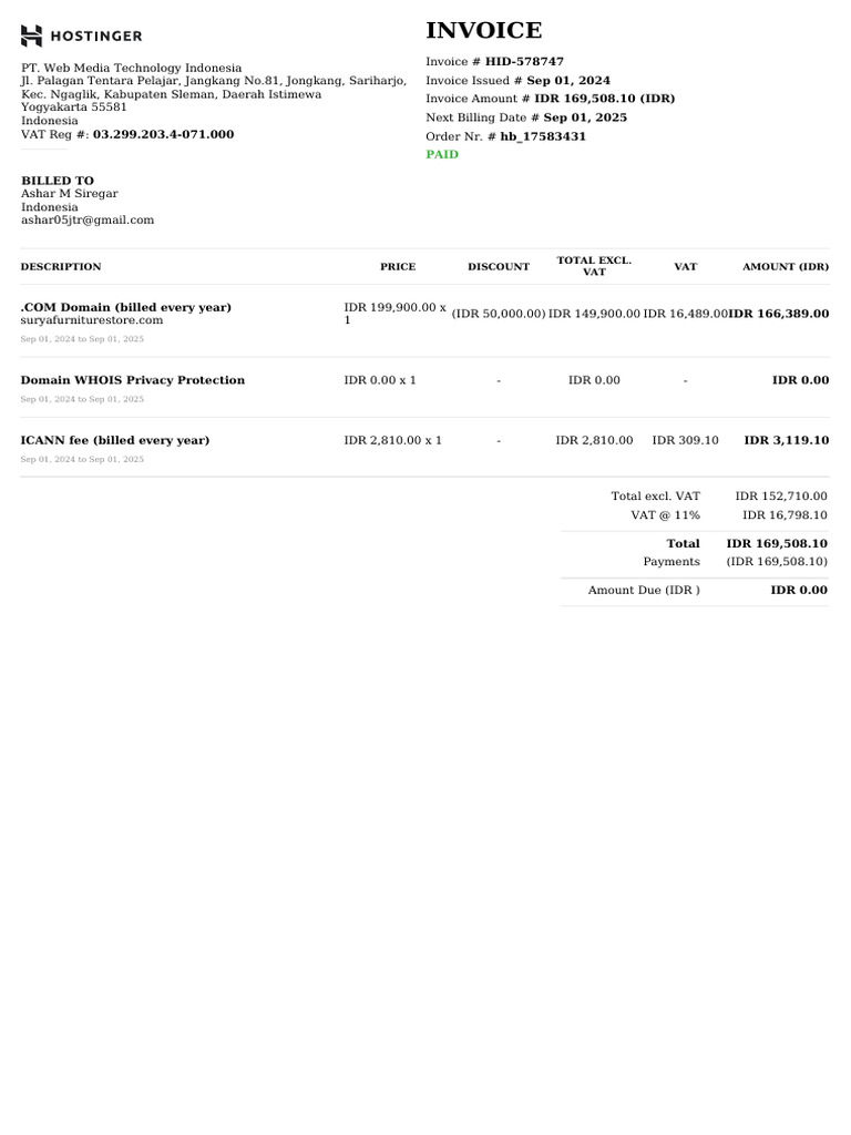 Billed To: Description Price Discount Total Excl. VAT VAT Amount (Idr ...