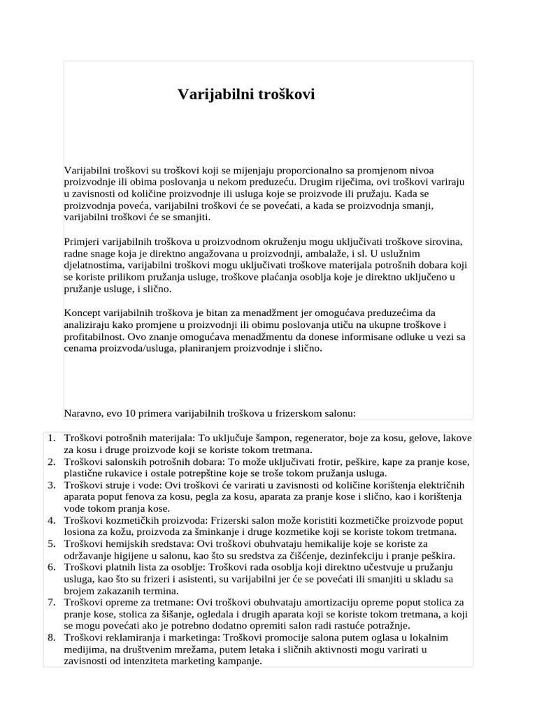 Varijabilni I Fiksni Troskovi | PDF