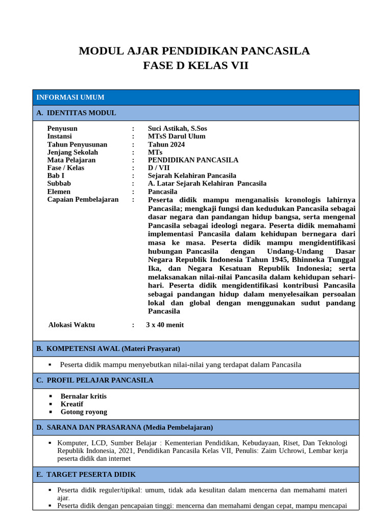 Modul Ajar PKN Kelas 7 Bab 1 | PDF