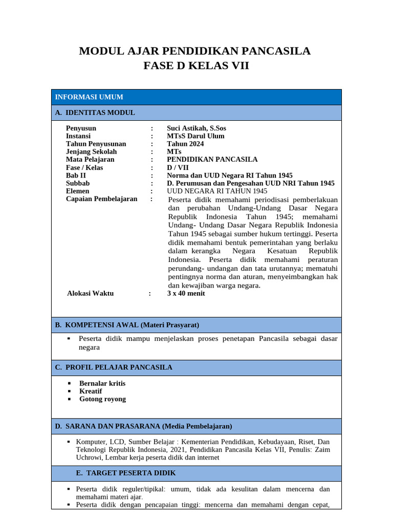 Modul Ajar PKN Kelas 7 BAB II | PDF