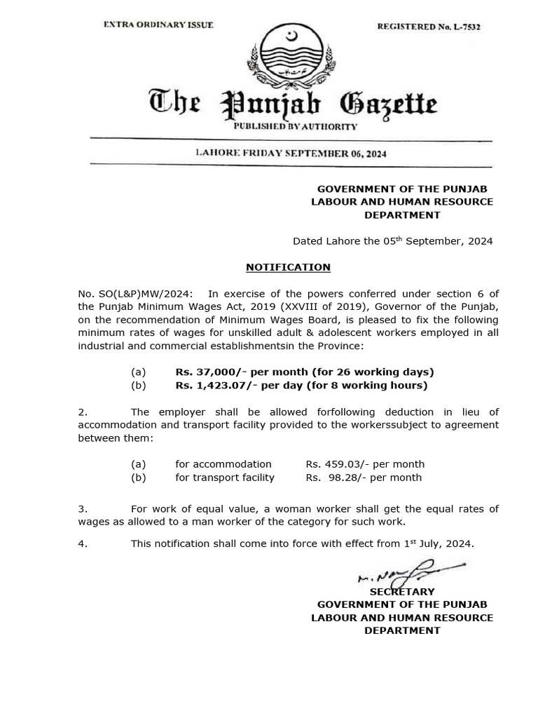 Minimum Rates of Wages Notification Punjab 2024-25-240906 - 153129 | PDF
