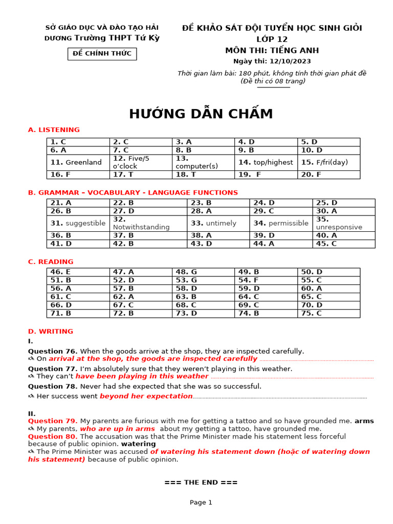 1. KS2 - Tiếng Anh HSG12 - Keys | PDF