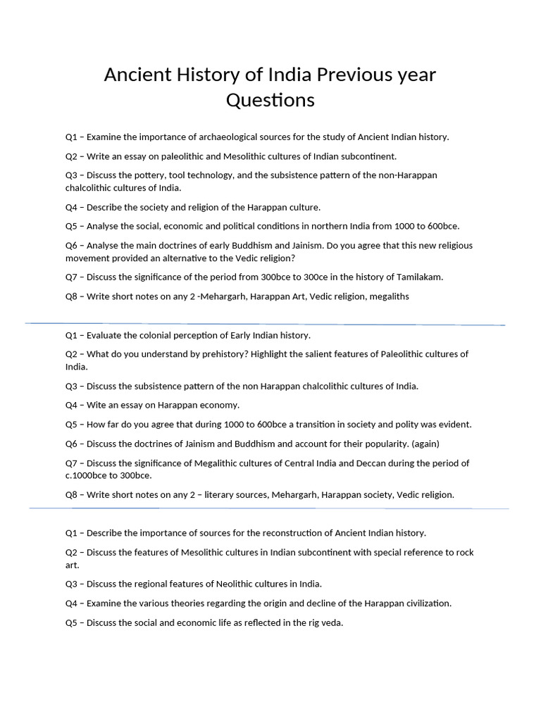 Ancient History of India Previous Year Questions | PDF | Civilization ...