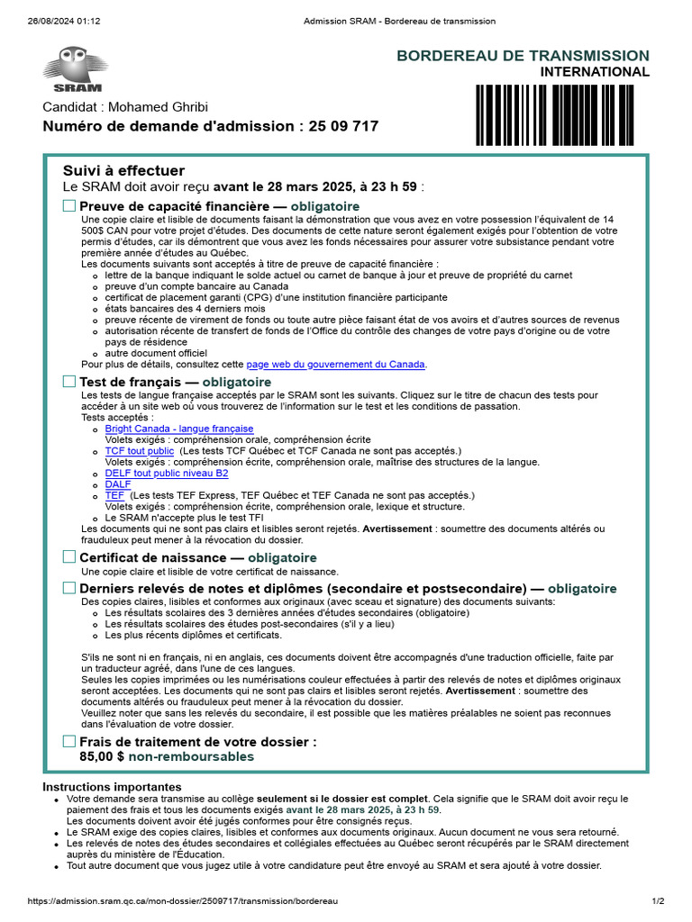 Admission SRAM - Bordereau de Transmission | PDF