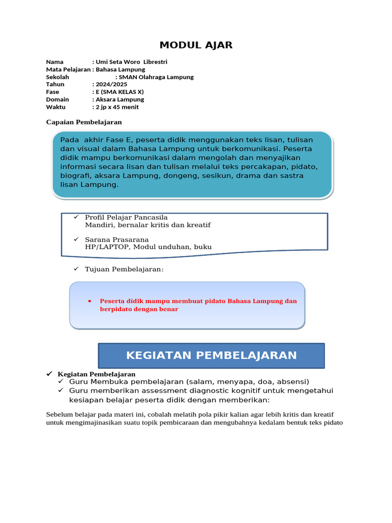 MODUL AJAR BDAL X Pidato | PDF