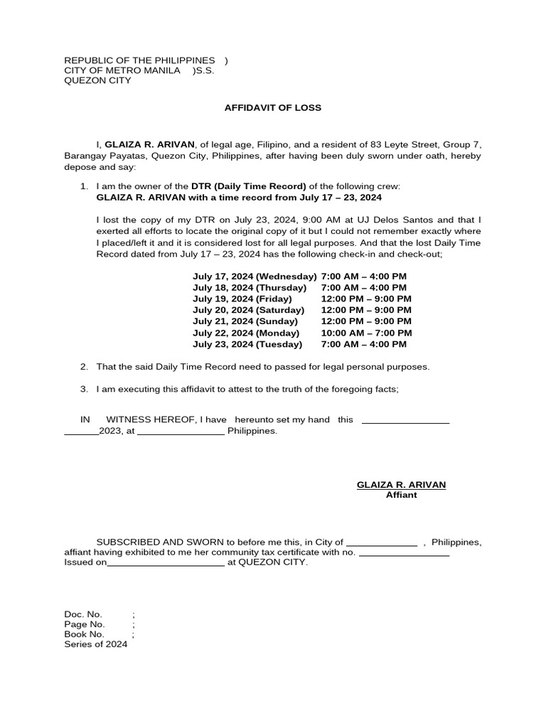 AFFIDVAIT OF LOSS (Paperwork) | PDF
