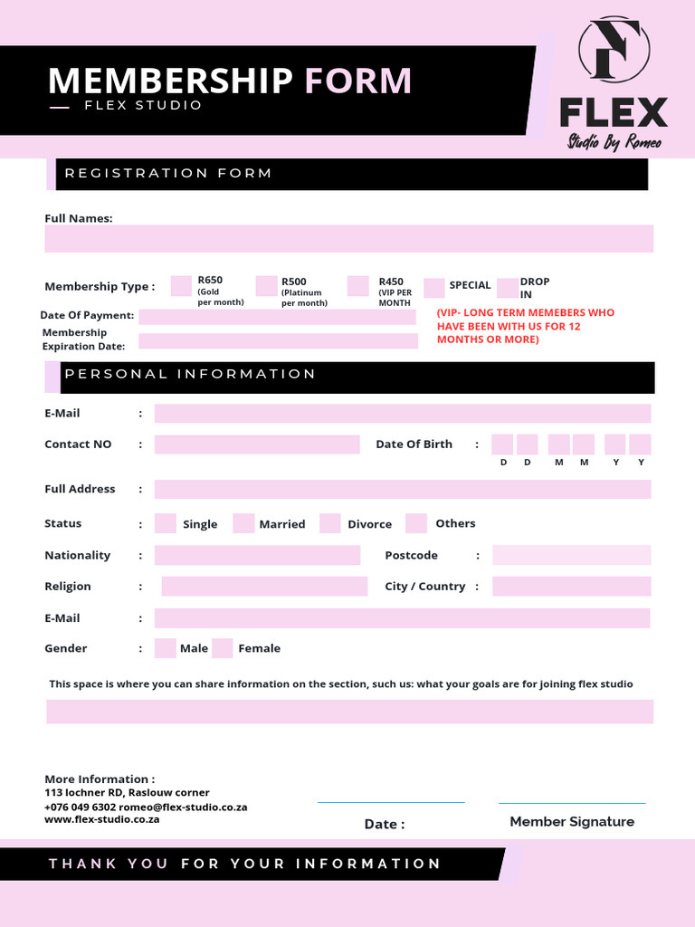 Flex Studio Membership Form 2024 | PDF