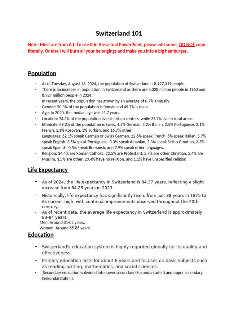Switzerland Notes For English Project | PDF