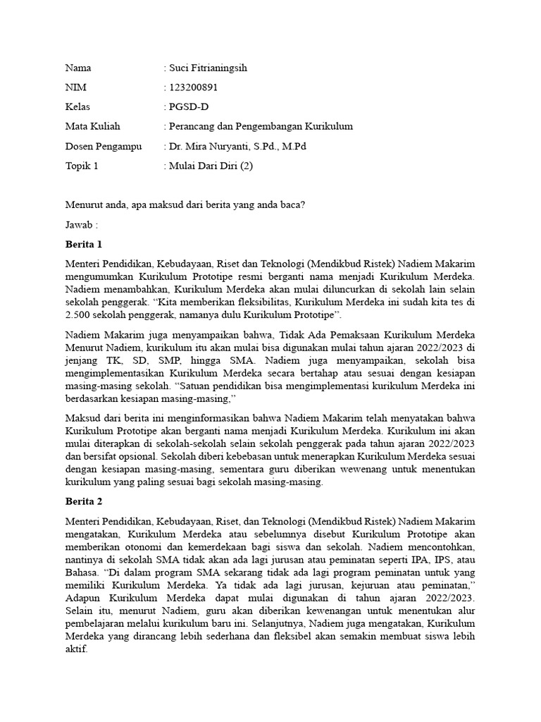 Topik 1 MULAI DARI DIRI (2) KURIKULUM SUCI FITRIANINGSIH | PDF