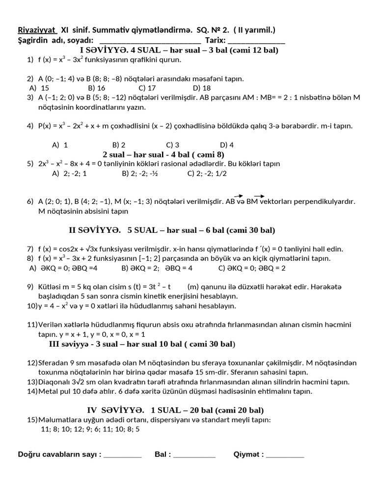I SƏVİYYƏ. 4 SUAL - HƏR Sual - 3 Bal (Cəmi 12 Bal) | PDF
