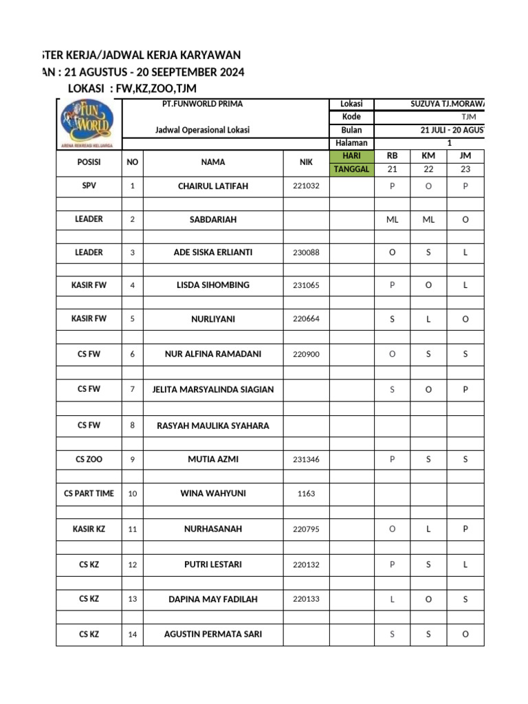 Tjm-tj2-Roster Kerja Karyawan Periode 21 Agustus - 20 September 24 | PDF