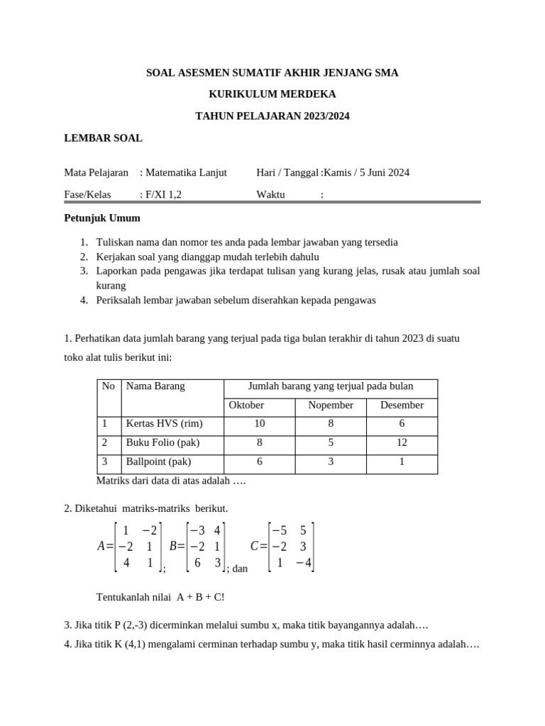 Soal Pat Genap Matematika Lanjut Kls 11 Kumer | PDF