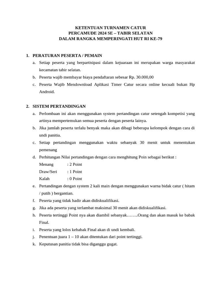Ketentuan Turnamen Catur Percamude | PDF