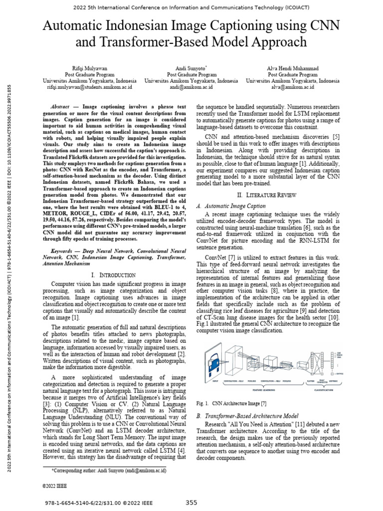Automatic Indonesian Image Captioning Using CNN and Transformer-Based Model Approach | PDF