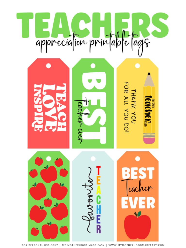 Teacher Appreciation Printable Tags - Part1 | PDF