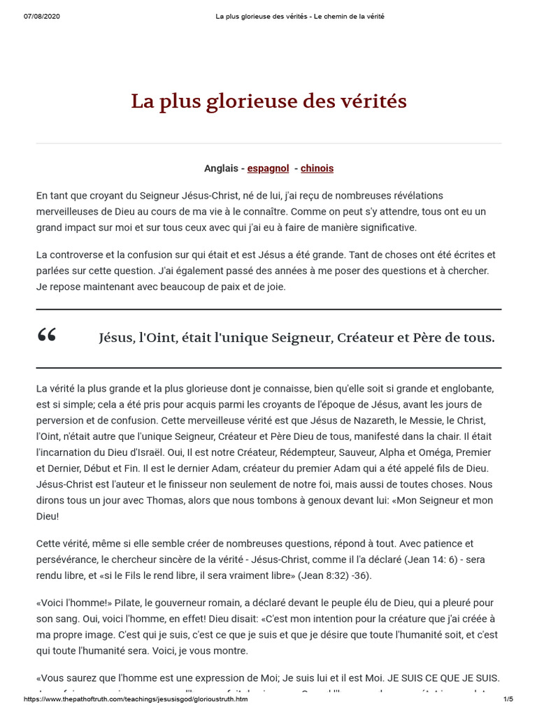 La Plus Glorieuse Des Vérités - Le Chemin de La Vérité | PDF