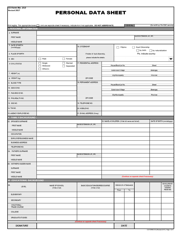 Cs Form No. 212 Revised Personal Data Sheet - New 1 | PDF