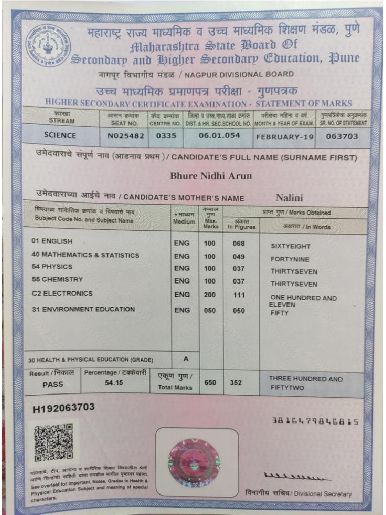 12th Marksheet | PDF
