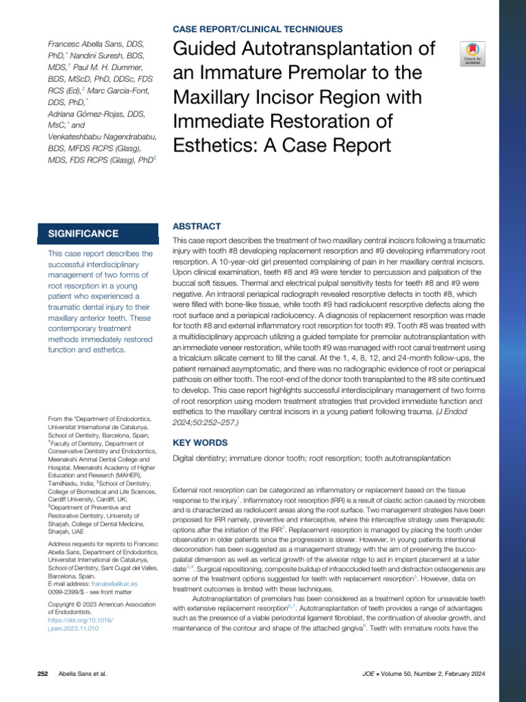 Guided Autotransplantation of An Immature Premolar | PDF