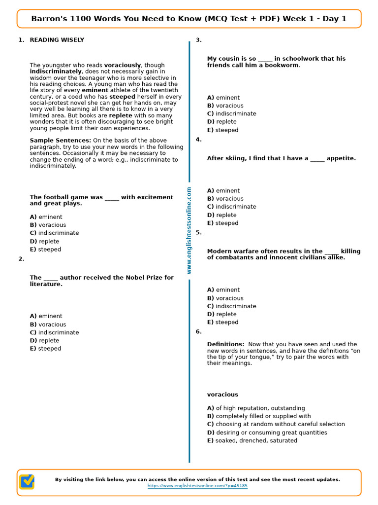 2077 Barrons 1100 Words You Need To Know MCQ Test PDF Week 1 Day 1 | PDF