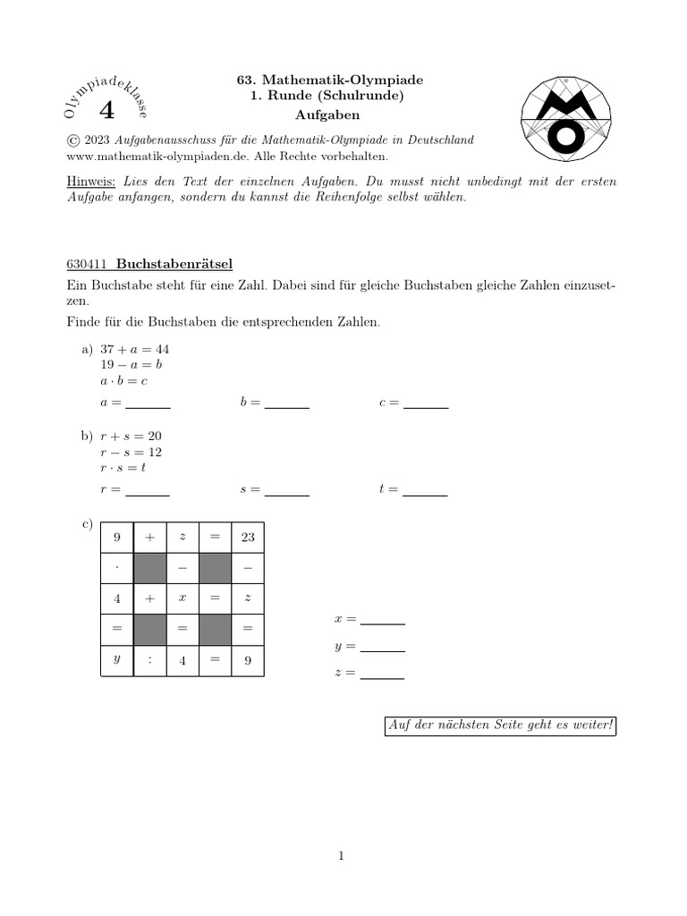 Mathematik-Olympiade 1. Runde (Schulrunde) Aufgaben | PDF