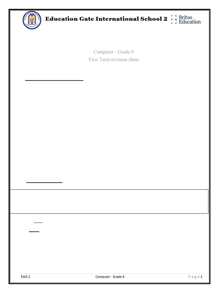 Term 1 Revision Sheet-Gr6-2021 2022-Ans | PDF